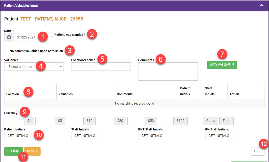 Patient Valuables – Axiom